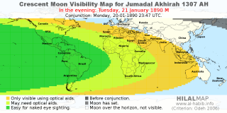 Crescent Moon Visibility Map 1307 AH - HilalMap | Alhabib - Coloring ...
