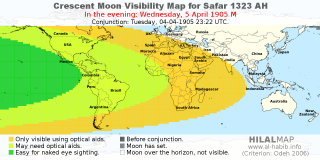 Crescent Moon Visibility Map 1323 AH - HilalMap | Alhabib - Coloring ...