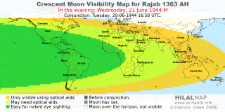 Crescent Moon Visibility Map 1363 AH - HilalMap | Alhabib - Coloring ...