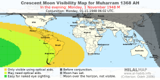 Crescent Moon Visibility Map 1368 AH - HilalMap | Alhabib - Coloring ...