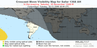 Crescent Moon Visibility Map 1368 AH - HilalMap | Alhabib - Coloring ...