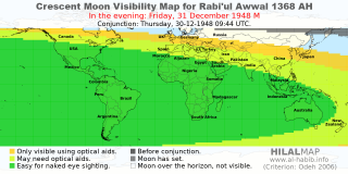 Crescent Moon Visibility Map 1368 AH - HilalMap | Alhabib - Coloring ...