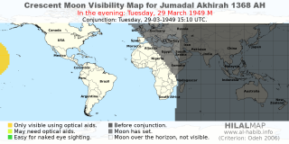 Crescent Moon Visibility Map 1368 AH - HilalMap | Alhabib - Coloring ...