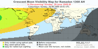 Crescent Moon Visibility Map 1368 AH - HilalMap | Alhabib - Coloring ...