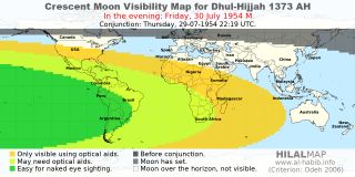 Crescent Moon Visibility Map 1373 AH - HilalMap | Alhabib - Coloring ...
