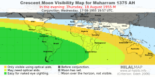 Crescent Moon Visibility Map 1375 AH - HilalMap | Alhabib - Coloring ...