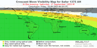 Crescent Moon Visibility Map 1375 AH - HilalMap | Alhabib - Coloring ...
