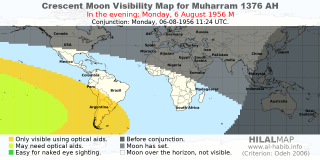 Crescent Moon Visibility Map 1376 AH - HilalMap | Alhabib - Coloring ...