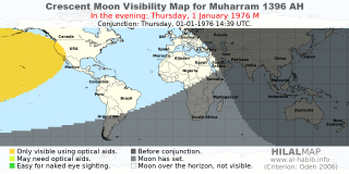 Crescent Moon Visibility Map 1396 AH - HilalMap | Alhabib - Coloring ...
