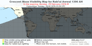 Crescent Moon Visibility Map 1396 AH - HilalMap | Alhabib - Coloring ...