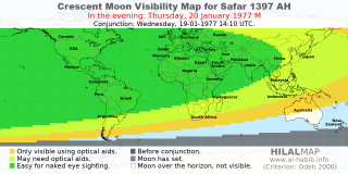Crescent Moon Visibility Map 1397 AH - HilalMap | Alhabib - Coloring ...