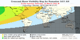 Crescent Moon Visibility Map 1411 AH - HilalMap | Alhabib - Coloring ...