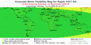 Crescent Moon Visibility Map 1417 AH - HilalMap | Alhabib - Coloring ...