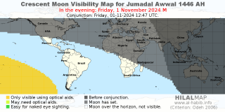 Crescent Moon Visibility Map 1446 AH - HilalMap | Alhabib - Coloring ...