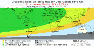 Crescent Moon Visibility Map 1446 AH - HilalMap | Alhabib - Coloring ...