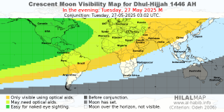 Crescent Moon Visibility Map 1446 AH - HilalMap | Alhabib - Coloring ...