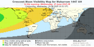 Crescent Moon Visibility Map 1447 AH - HilalMap | Alhabib - Coloring ...