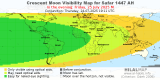 Crescent Moon Visibility Map 1447 AH - HilalMap | Alhabib - Coloring ...
