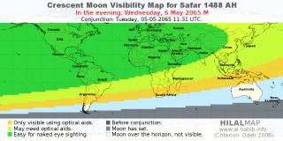 Crescent Moon Visibility Map 1488 AH - HilalMap | Alhabib - Coloring ...
