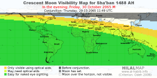 Crescent Moon Visibility Map 1488 AH - HilalMap | Alhabib - Coloring ...