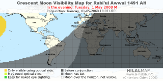 Crescent Moon Visibility Map 1491 AH - HilalMap | Alhabib - Coloring ...