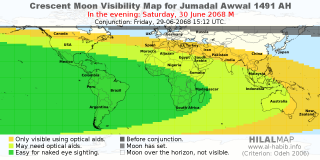 Crescent Moon Visibility Map 1491 AH - HilalMap | Alhabib - Coloring ...