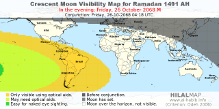 Crescent Moon Visibility Map 1491 AH - HilalMap | Alhabib - Coloring ...