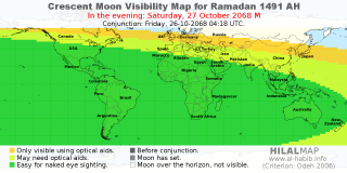 Crescent Moon Visibility Map 1491 AH - HilalMap | Alhabib - Coloring ...